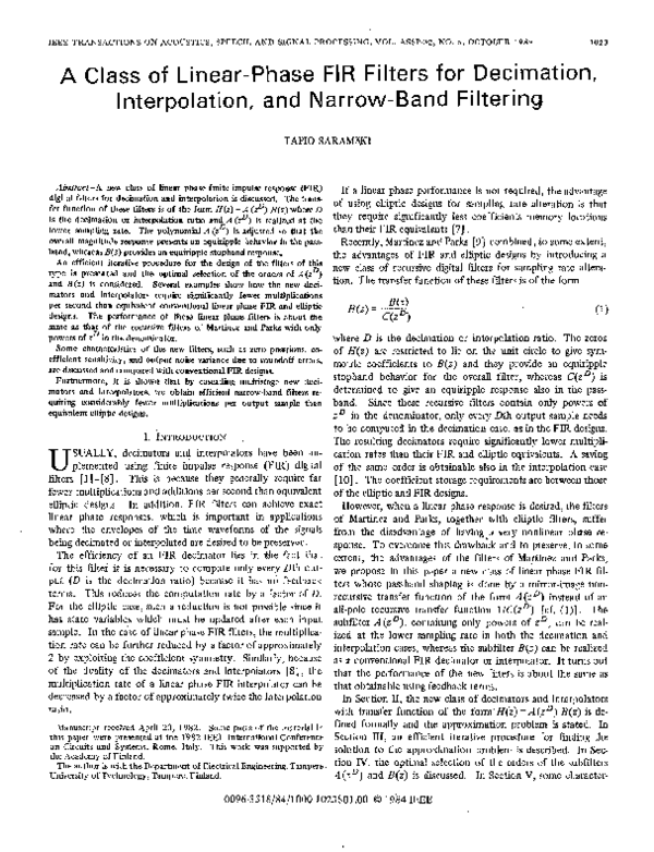(PDF) A class of linear-phase FIR filters for decimation, interpolation, and narrow-band filtering