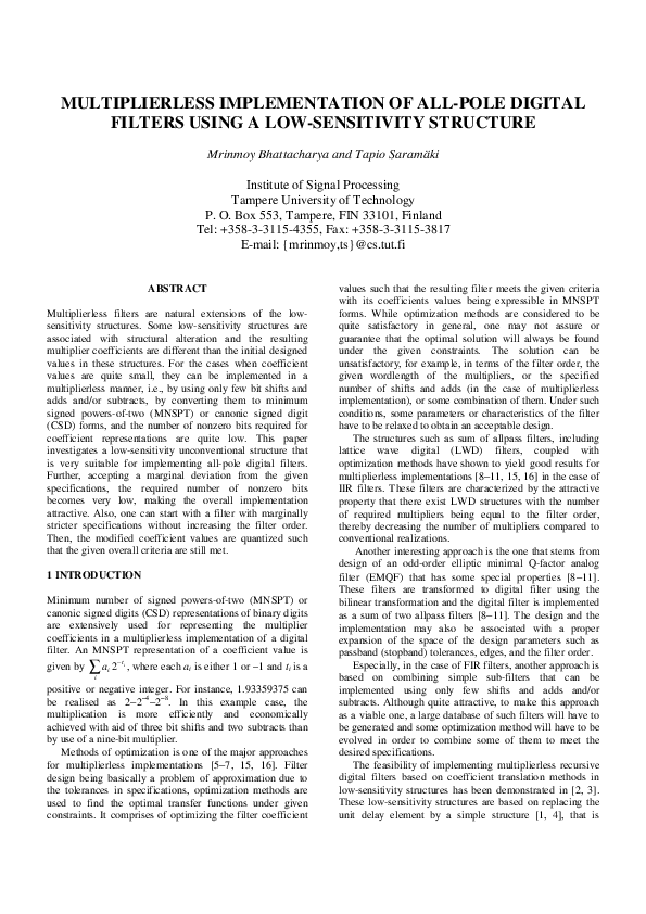(PDF) Multiplierless implementation of all-pole digital filters