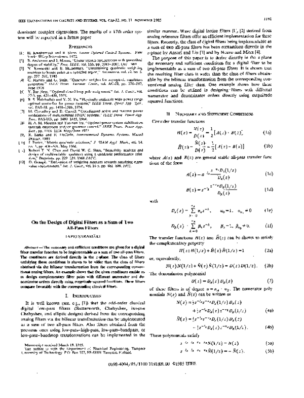 Pdf On The Design Of Digital Filters As A Sum Of Two All Pass Filters 