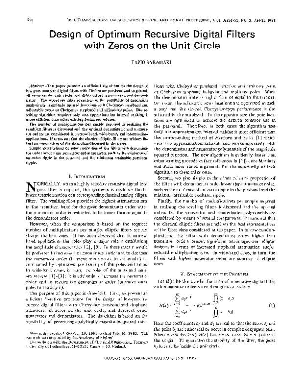 (PDF) Design of optimum recursive digital filters with zeros on the unit circle