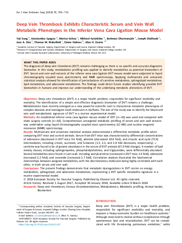 (PDF) Deep Vein Thrombosis Exhibits Characteristic Serum and Vein Wall ...