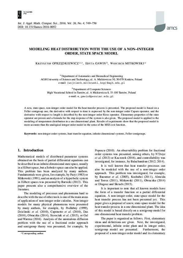 (PDF) Modeling heat distribution with the use of a non-integer order, state space model
