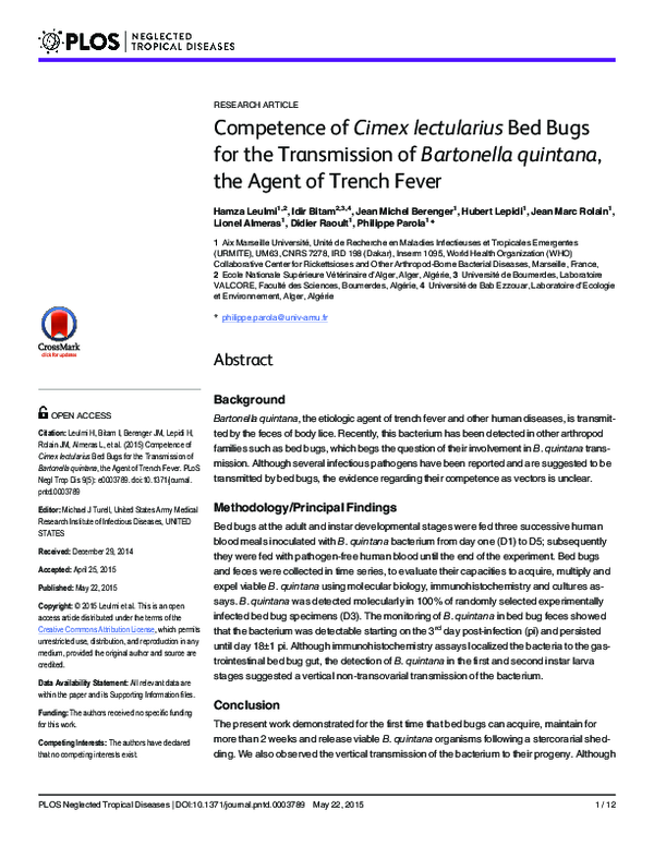 (PDF) Competence of Cimex lectularius Bed Bugs for the Transmission of ...