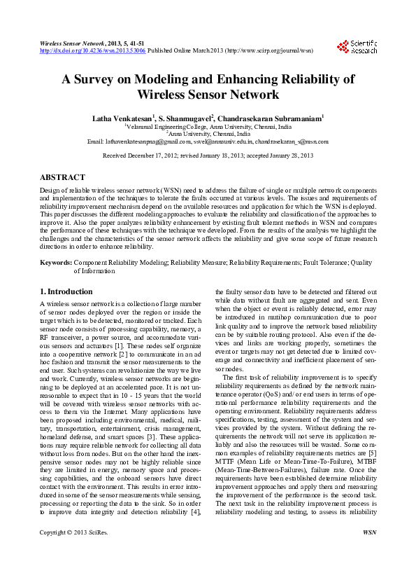 (PDF) A Survey on Modeling and Enhancing Reliability of Wireless Sensor Network