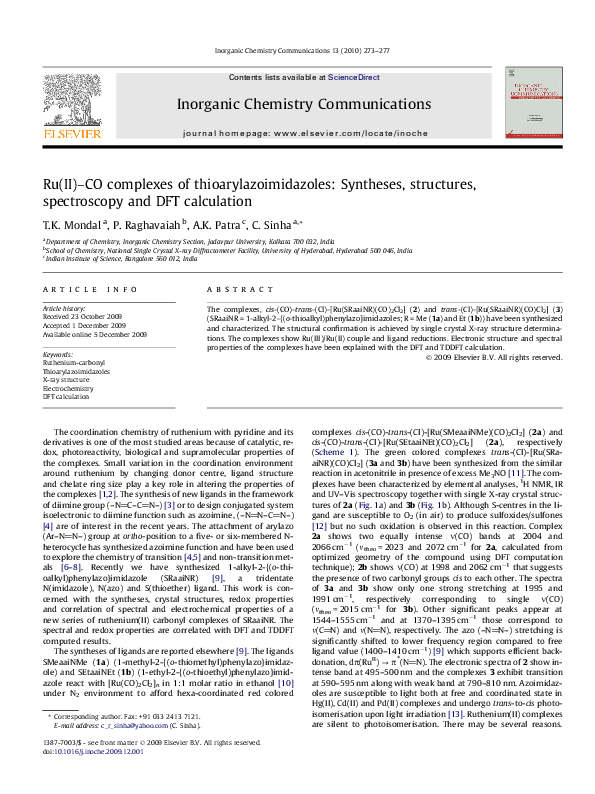 (PDF) Ru(II)–CO complexes of thioarylazoimidazoles: Syntheses, structures, spectroscopy and DFT ...