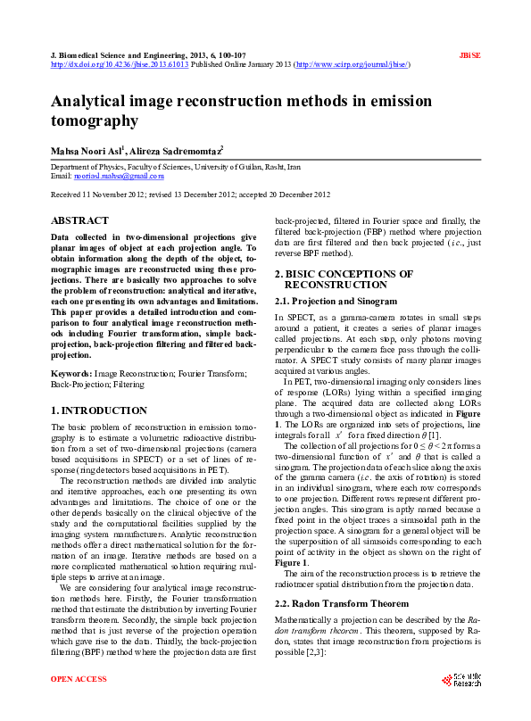 (PDF) Analytical image reconstruction methods in emission tomography