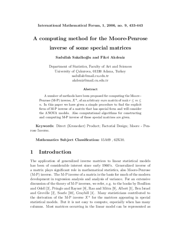 Pdf A Computing Method For The Moore Penrose Inverse Of Some Special Matrices