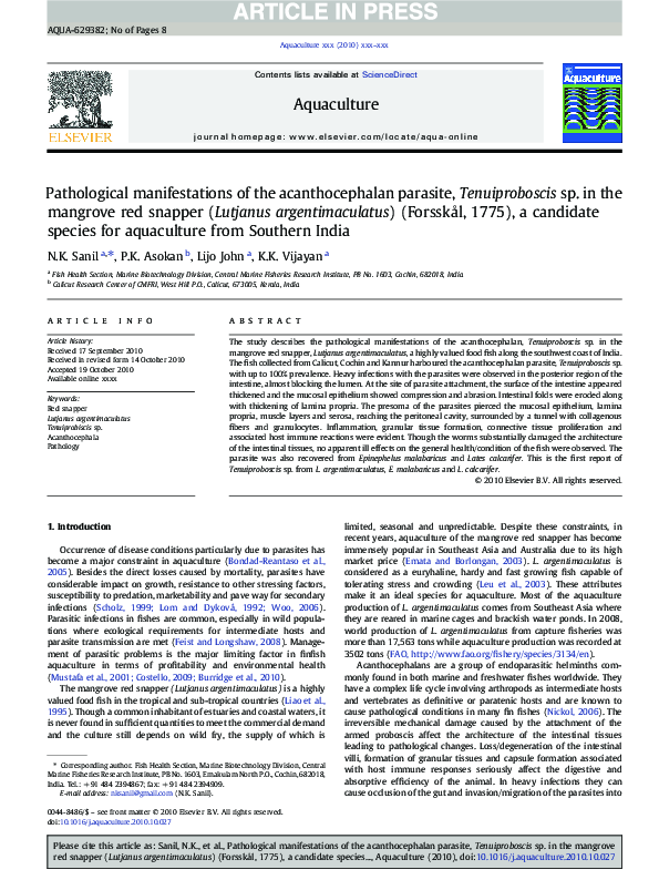 (PDF) Pathological manifestations of the acanthocephalan parasite ...