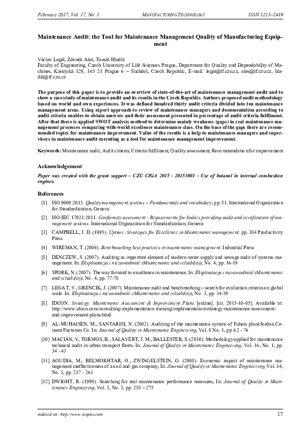 (PDF) Maintenance Audit: the Tool for Maintenance Management Quality of ...