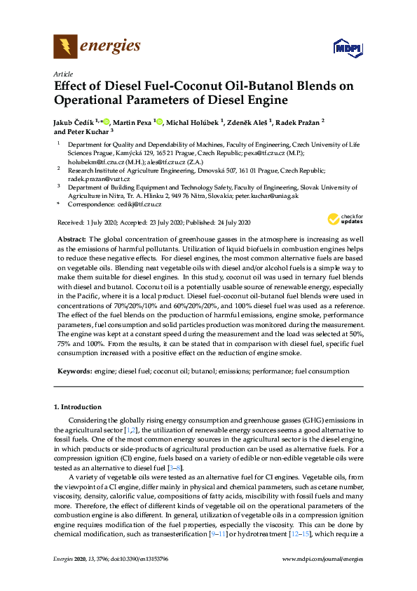 (PDF) Effect of Diesel Fuel-Coconut Oil-Butanol Blends on Operational ...