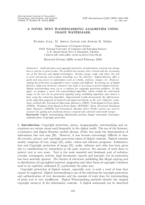 (PDF) A Novel Text Watermarking Algorithm Using Image Watermark