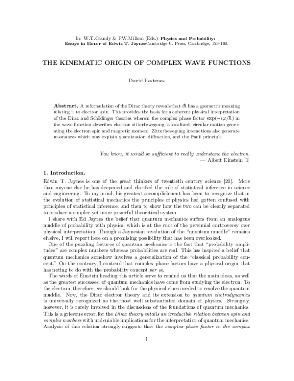 (PDF) The Kinematic Origin of Complex Wave Functions