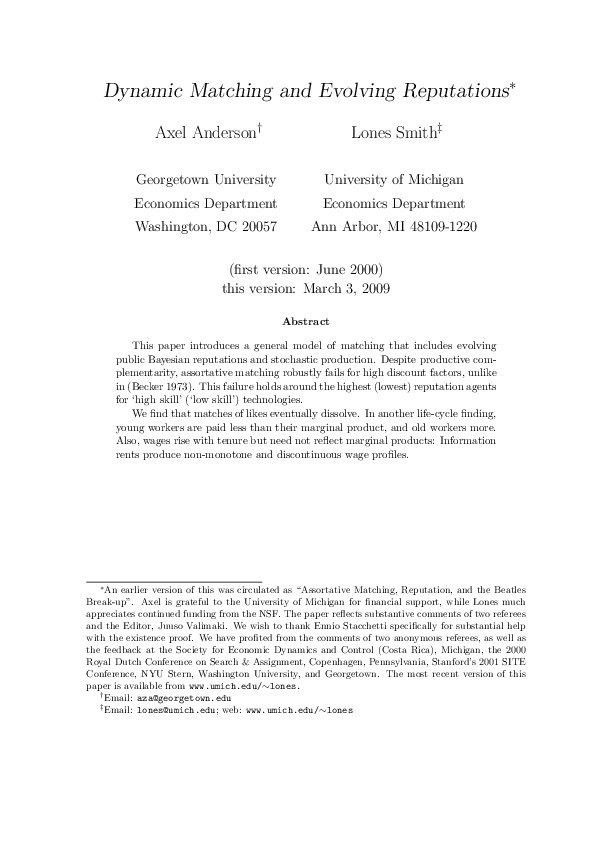 (PDF) Dynamic Matching and Evolving Reputations