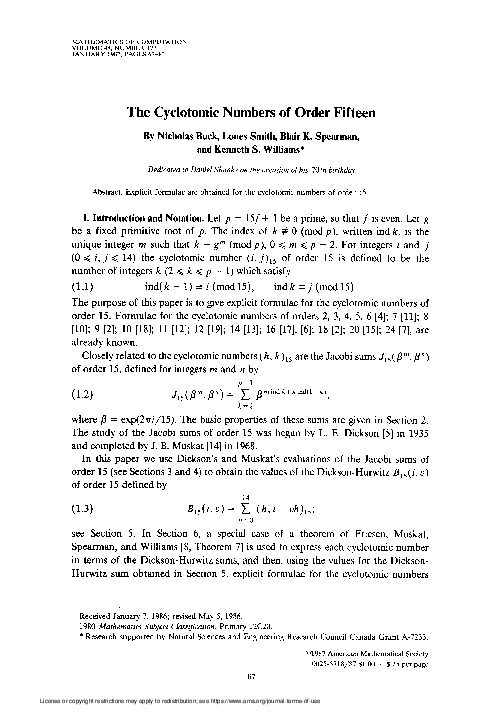 (PDF) The Cyclotomic Numbers of Order Fifteen