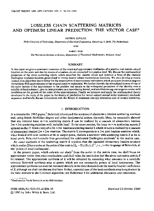 (PDF) Lossless chain scattering matrices and optimum linear prediction: The vector case