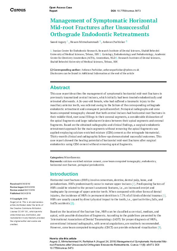 (PDF) Management of Symptomatic Horizontal Mid-root Fractures after ...
