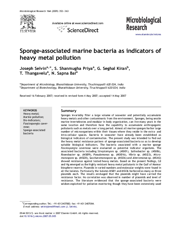 (PDF) Sponge-associated marine bacteria as indicators of heavy metal ...