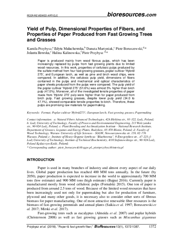 (PDF) Yield of Pulp, Dimensional Properties of Fibers, and Properties ...