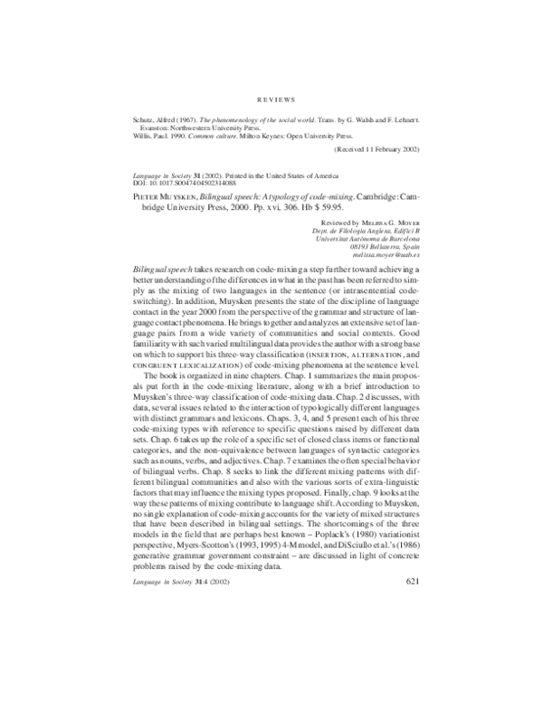 (PDF) Pieter Muysken, Bilingual speech: a typology of code-mixing ...