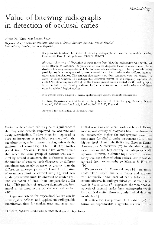 Pdf Value Of Bitewing Radiographs In Detection Of Occlusal Caries Nigel King