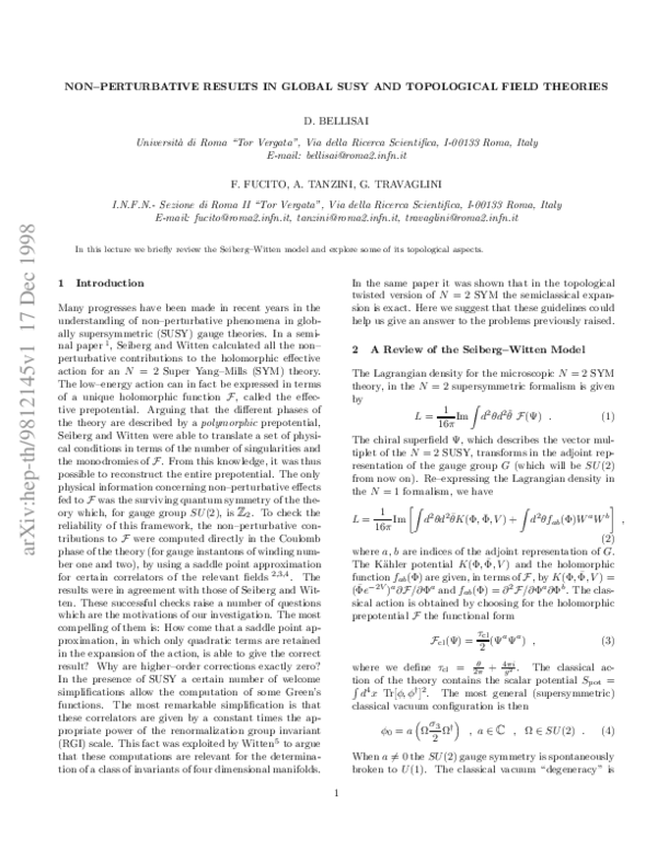 (PDF) Non-Perturbative Results in Global SUSY and Topological Field Theories | Diego Bellisai ...