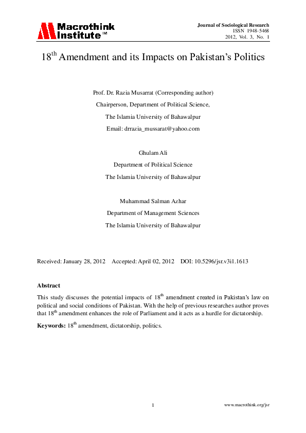 (PDF) 18th Amendment and its Impacts on Pakistan’s Politics