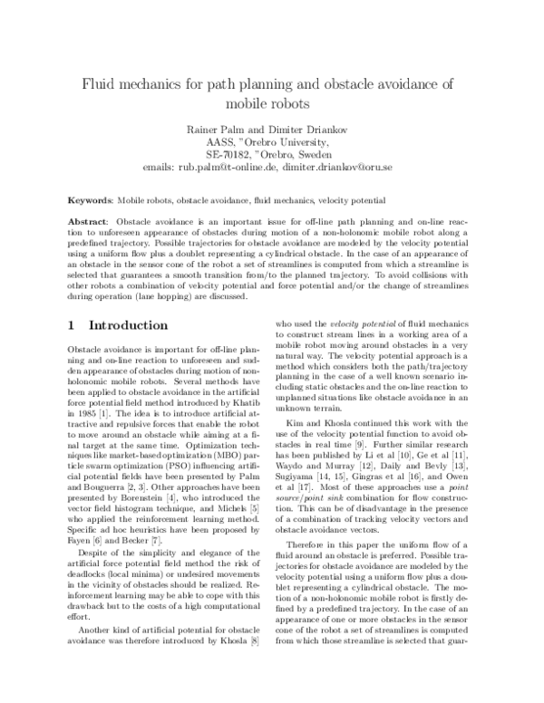 (PDF) Fluid Mechanics for Path Planning and Obstacle Avoidance of Mobile Robots