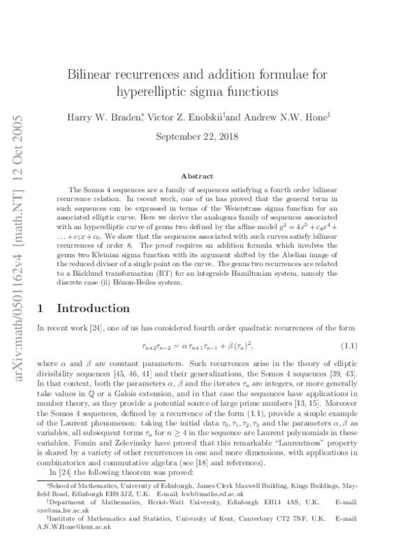 (PDF) Bilinear recurrences and addition formulae for hyperelliptic ...