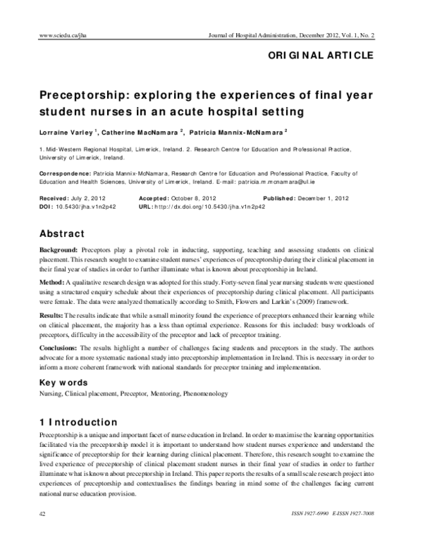 (PDF) Preceptorship: Exploring the experiences of final year student ...