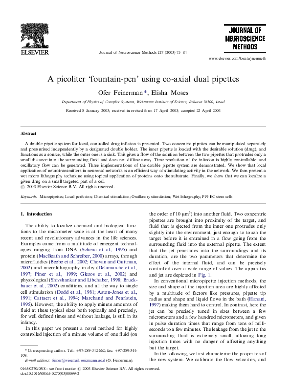 (PDF) A picoliter ‘fountain-pen’ using co-axial dual pipettes