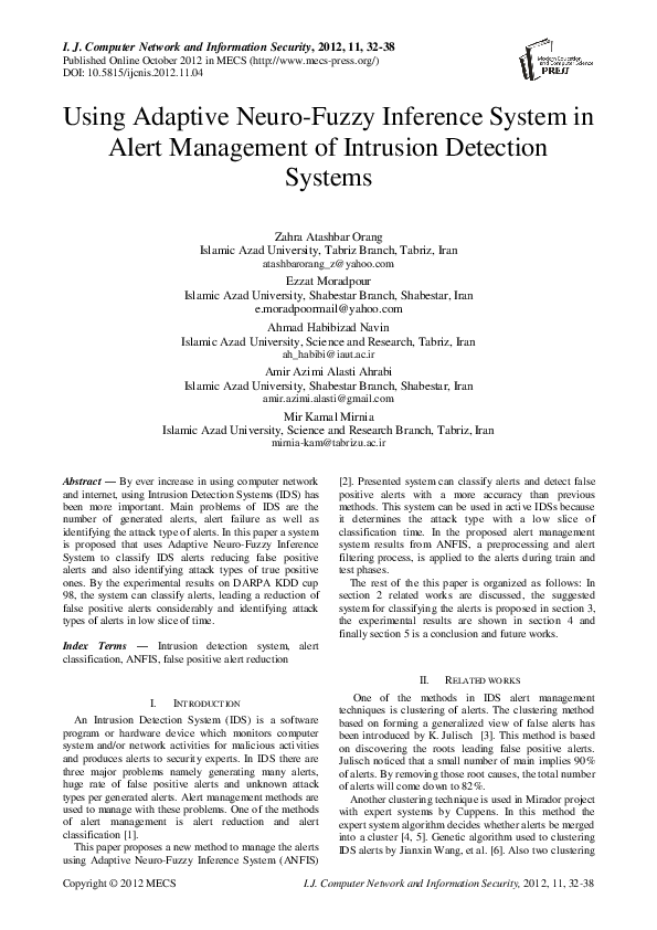 (PDF) Using Adaptive Neuro-Fuzzy Inference System in Alert Management of Intrusion Detection Systems