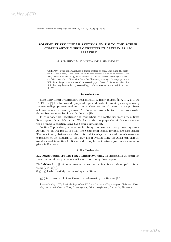 (PDF) Solving fuzzy linear systems by using the Schur complement when coefficient matrix is an M ...
