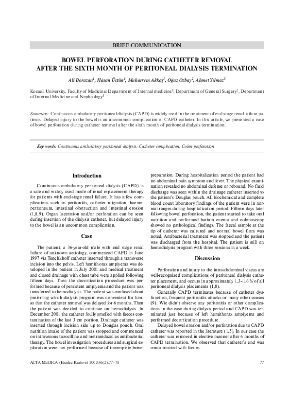 (PDF) Bowel perforation during catheter removal after the sixth month of peritoneal dialysis ...