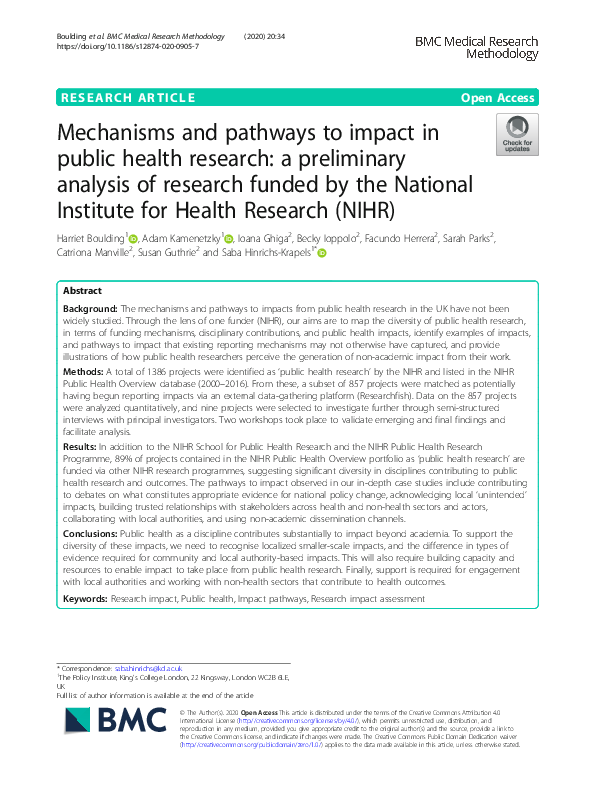 (PDF) Mechanisms and pathways to impact in public health research: a ...