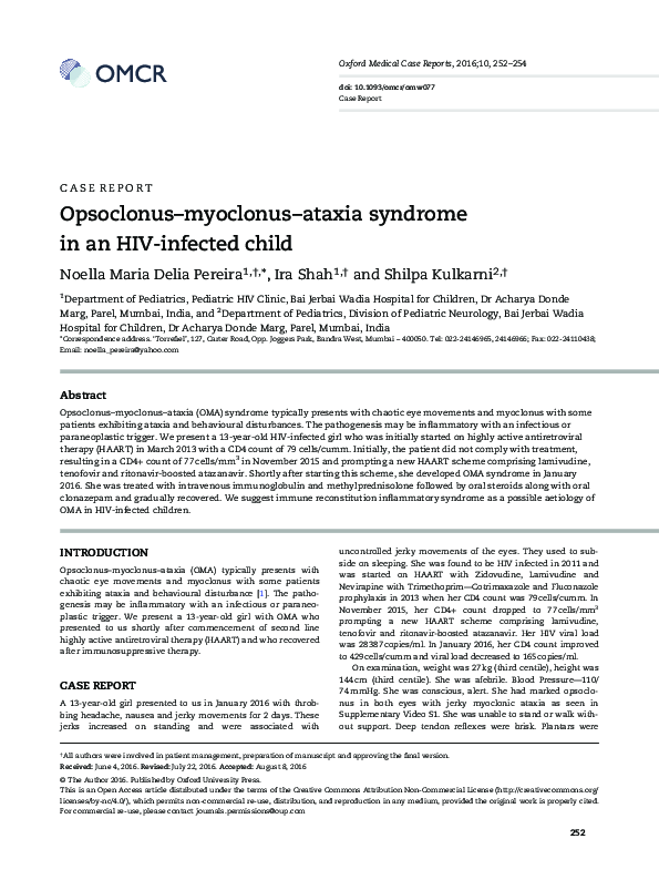 (PDF) Opsoclonus–myoclonus–ataxia syndrome in an HIV-infected child