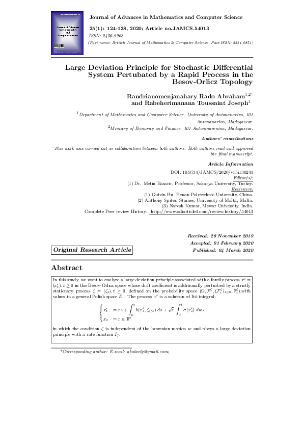(PDF) Large Deviation Principle for Stochastic Differential System Pertubated by a Rapid Process ...
