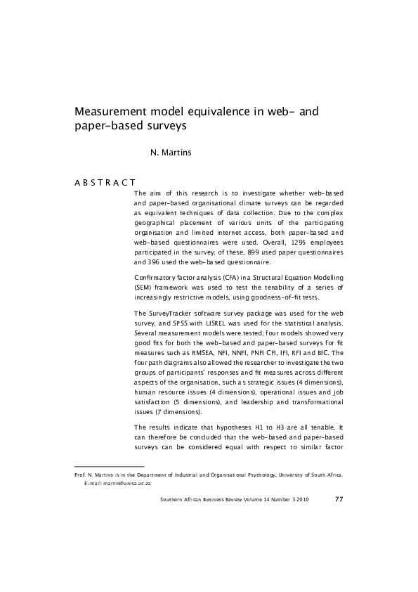 (PDF) Measurement model equivalence in web-and paper-based surveys
