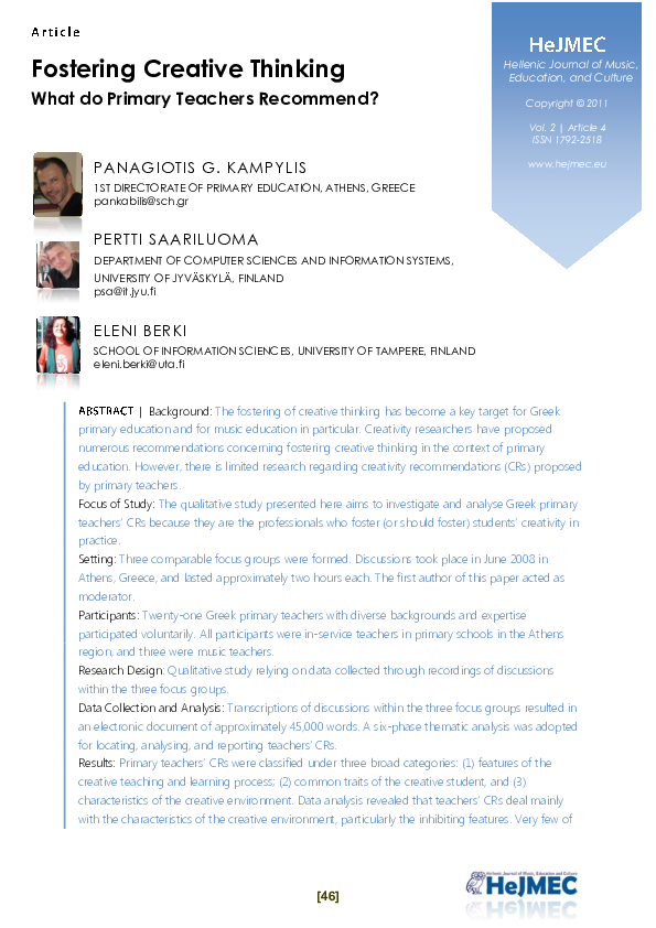 (PDF) Fostering Creative Thinking - What do Primary Teachers Recommend?