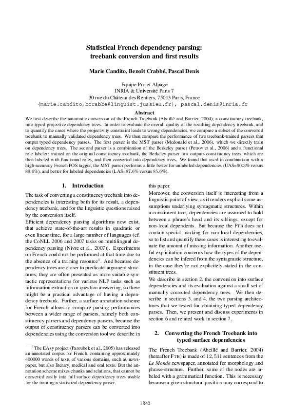 (PDF) Statistical french dependency parsing: Treebank conversion and first results