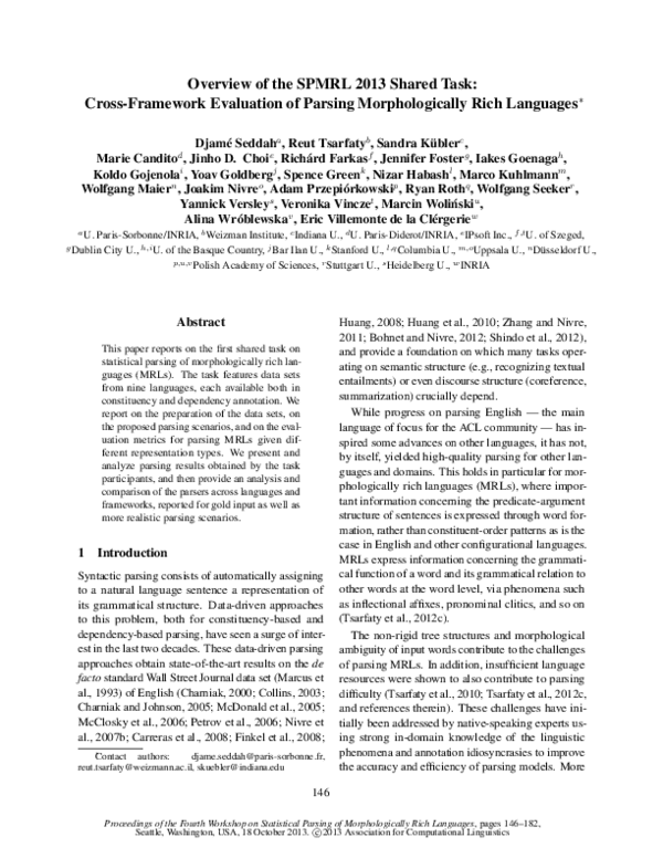 (PDF) Overview of the SPMRL 2013 shared task: cross-framework evaluation of parsing ...