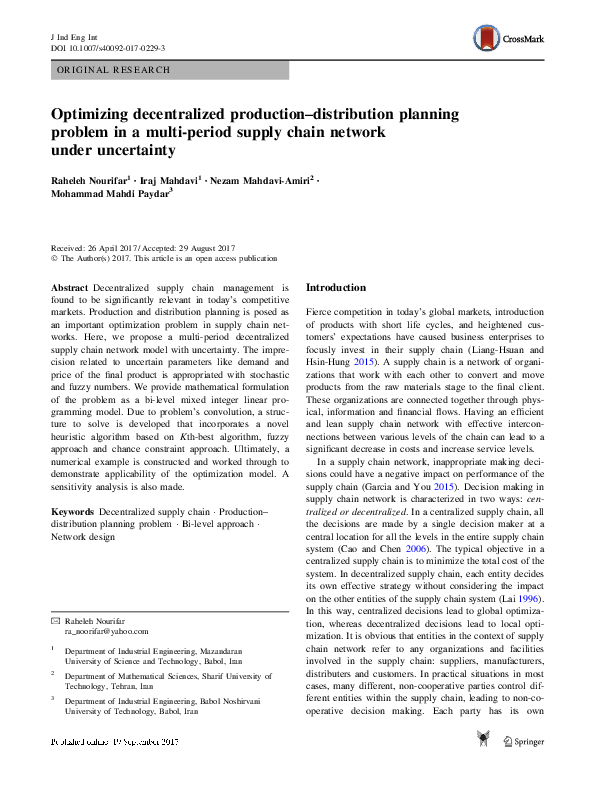 (PDF) Optimizing decentralized production–distribution planning problem in a multi-period supply ...