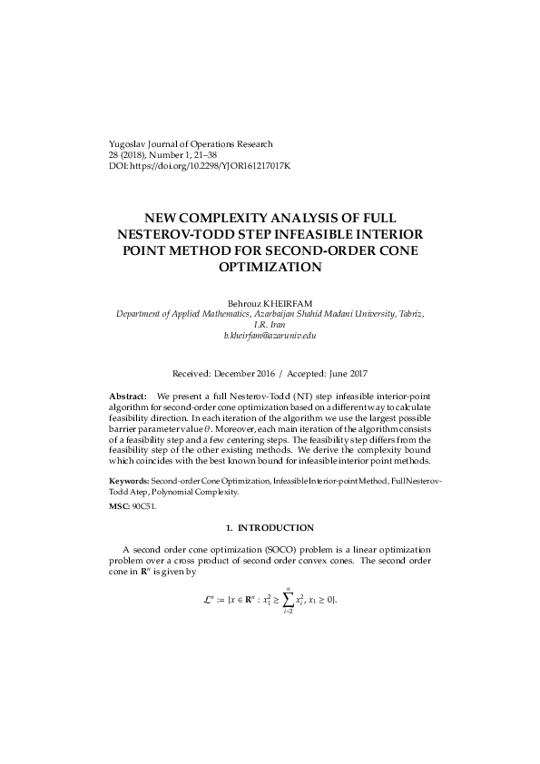 Pdf New Complexity Analysis Of A Full Nesterov Todd Step Interior Point Method For