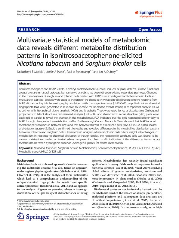 (PDF) Multivariate statistical models of metabolomic data reveals ...