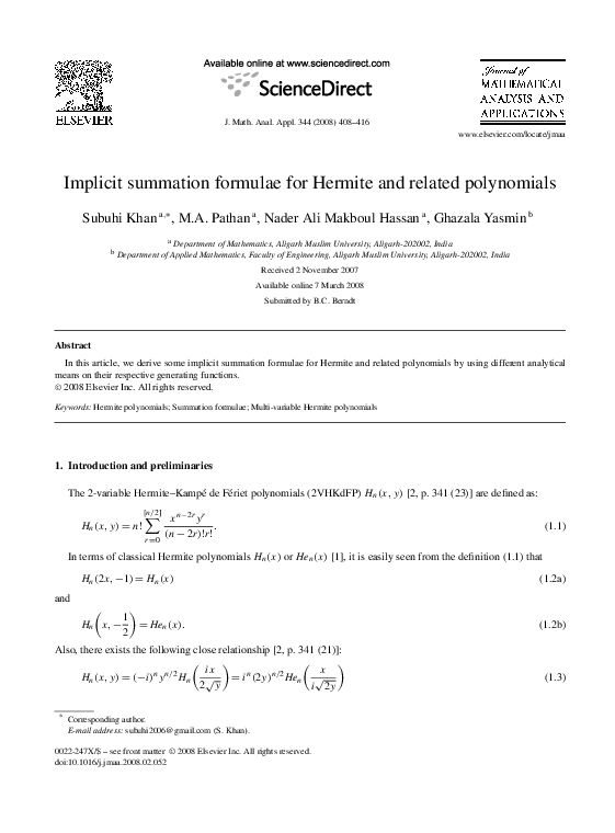 Pdf Implicit Summation Formulae For Hermite And Related Polynomials