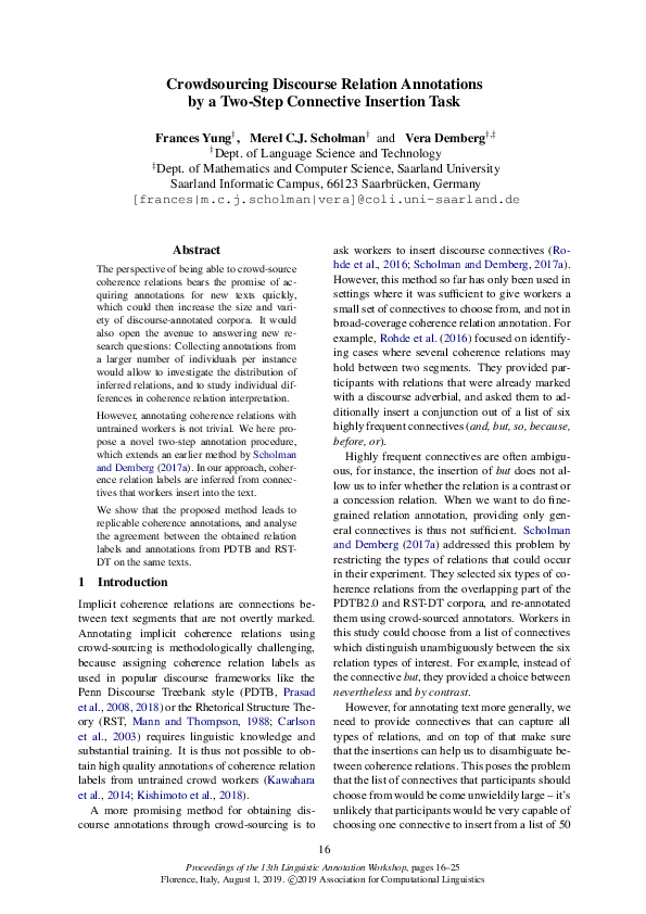 Pdf Crowdsourcing Discourse Relation Annotations By A Two Step Connective Insertion Task