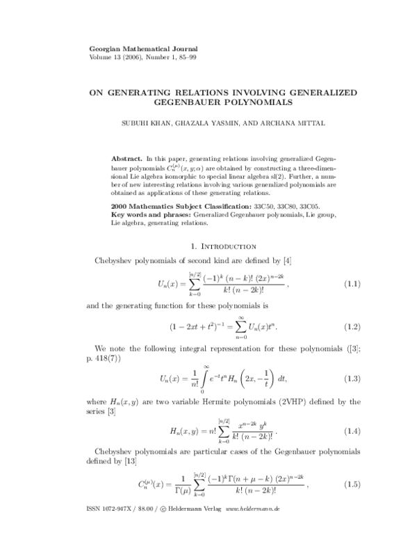 Pdf On Generating Relations Involving Generalized Gegenbauer Polynomials Ghazala Yasmin