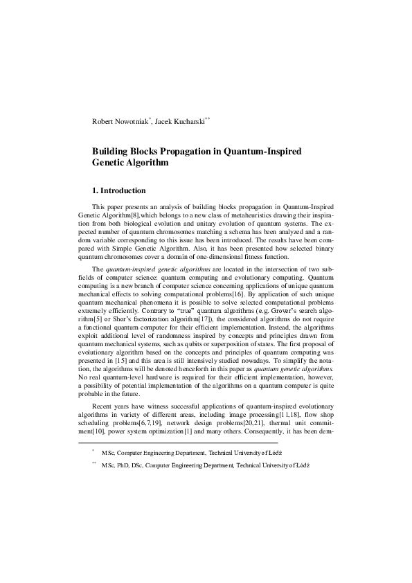 (PDF) Building Blocks Propagation in Quantum-Inspired Genetic Algorithm