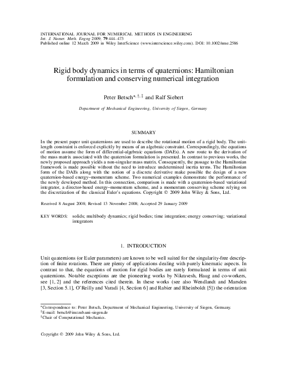 (PDF) Rigid body dynamics in terms of quaternions: Hamiltonian formulation and conserving ...
