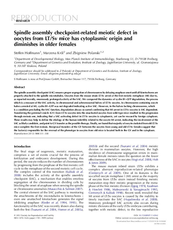 (PDF) Spindle assembly checkpoint-related meiotic defect in oocytes ...