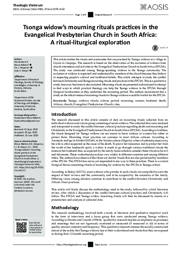 (PDF) Tsonga widow’s mourning rituals practices in the Evangelical ...